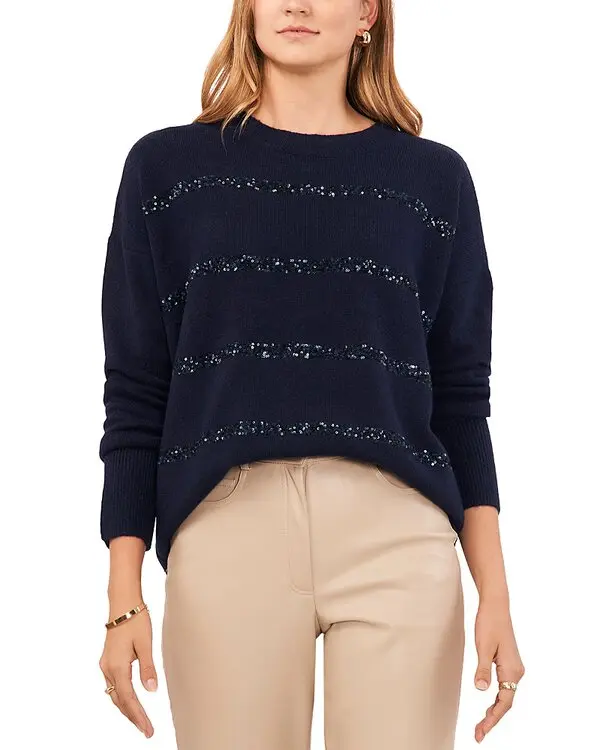 Vince Camuto Sequin Stripe Rib Knit Sweater - Classic Navy
