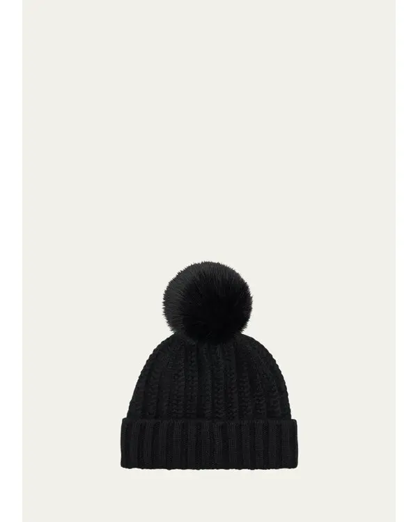 Sofia Cashmere Braided Knit Cashmere Beanie With Faux Fur Pom - Solid Black
