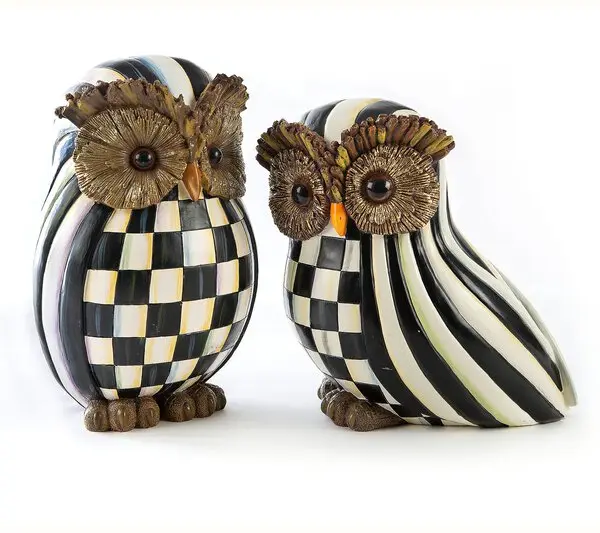 MACKENZIE-CHILDS As Is Set Of 2 Courtly Check & Stripe Owls - One-color