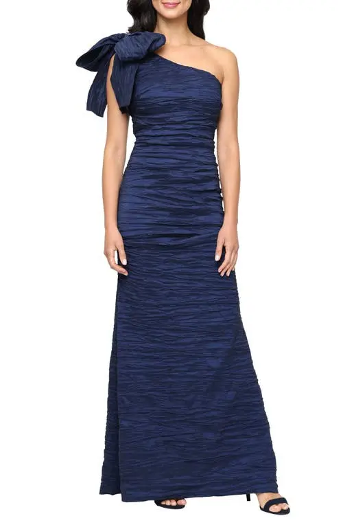 Alex Evenings Bow Detail One-shoulder Ruched Gown - Navy