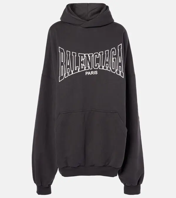 Balenciaga Logo Cotton Jersey Hoodie - Grey