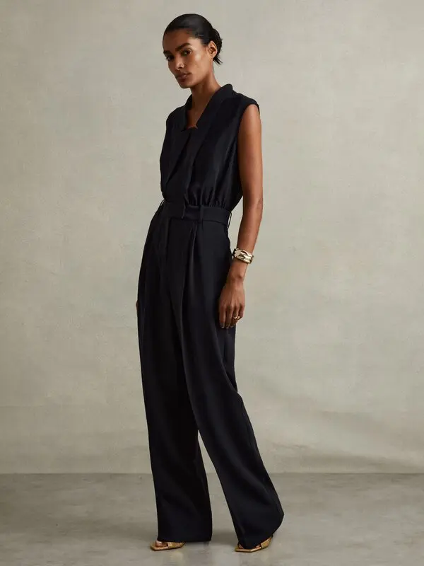 REISS Sara Tux Pleated Jumpsuit - Navy
