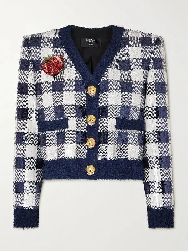 Balmain Cropped Embellished Checked Tweed Jacket - Blue