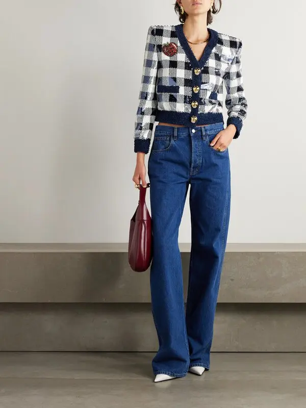 Balmain Cropped Embellished Checked Tweed Jacket
