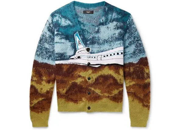 Amiri Airplane Intarsia Mohair Cardigan - Roasted Red/dark Blue