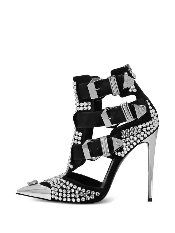Philipp Plein Suede Embellished Skull High Heel Sandals - Silver