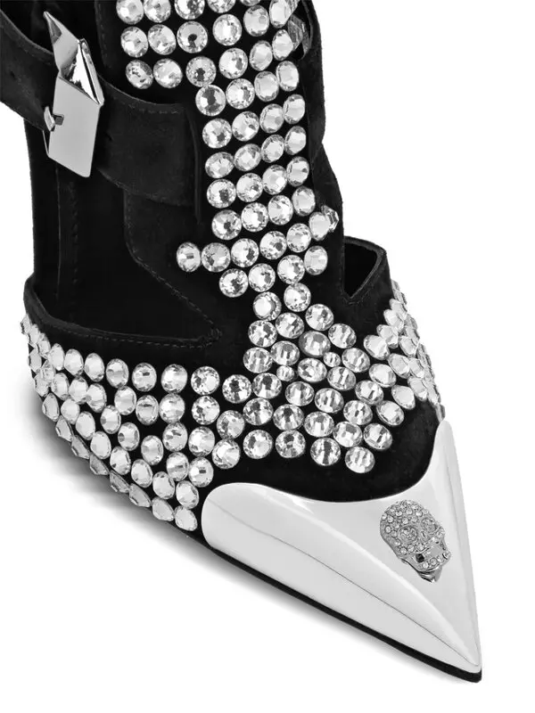 Philipp Plein Suede Embellished Skull High Heel Sandals - Silver