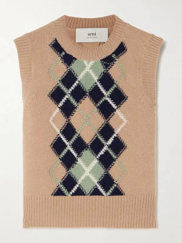AMI Paris Argyle Jacquard-knit Wool And Cashmere-blend Vest