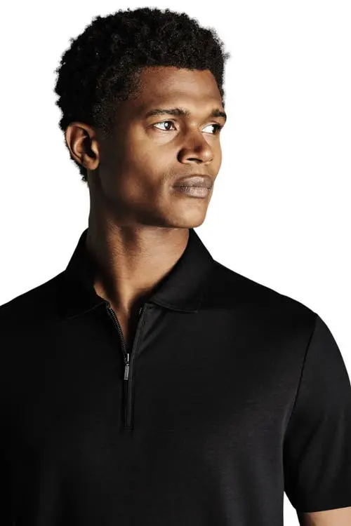 CHARLES TYRWHITT Plain Short Sleeve Zip Jersey Polo - Black