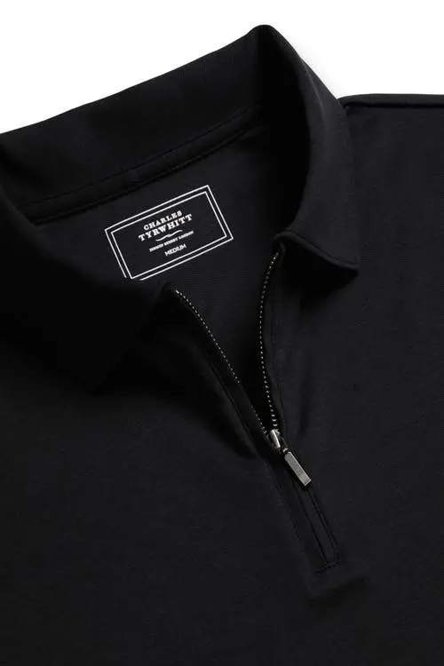 CHARLES TYRWHITT Plain Short Sleeve Zip Jersey Polo - Black