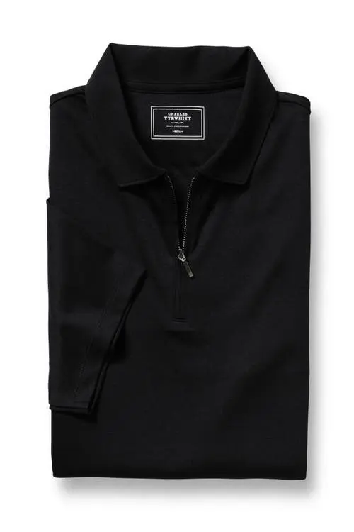 CHARLES TYRWHITT Plain Short Sleeve Zip Jersey Polo - Black