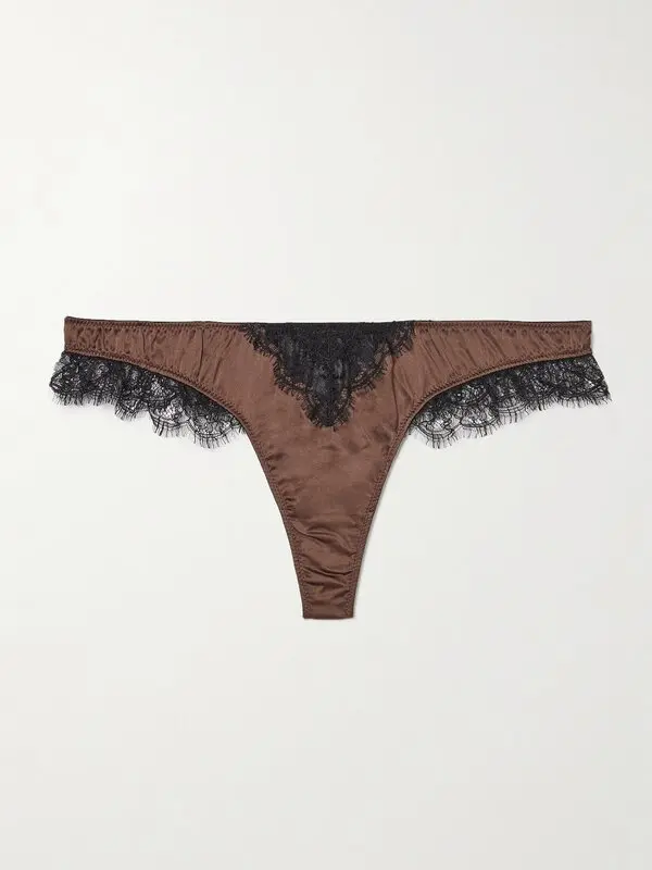 Kiki De Montparnasse Lace-trimmed Stretch-silk Thong - Brown