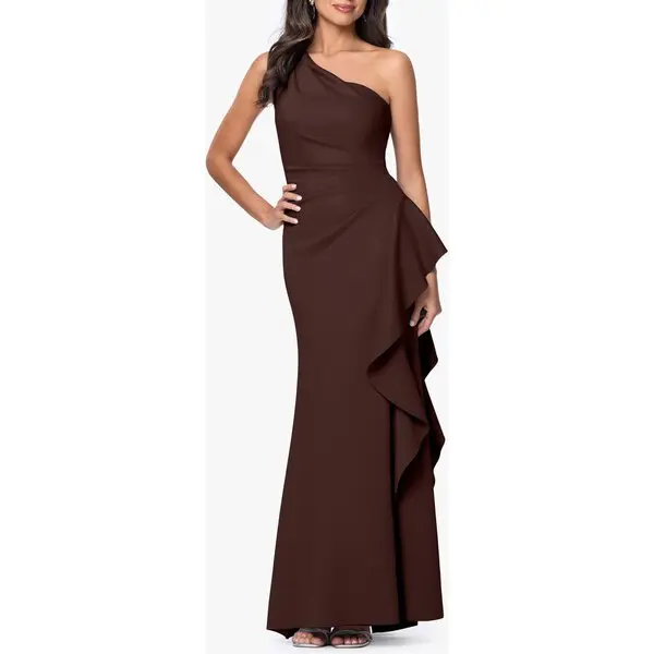 XSCAPE EVENINGS One-shoulder Ruffle Scuba Crepe Gown - Brown