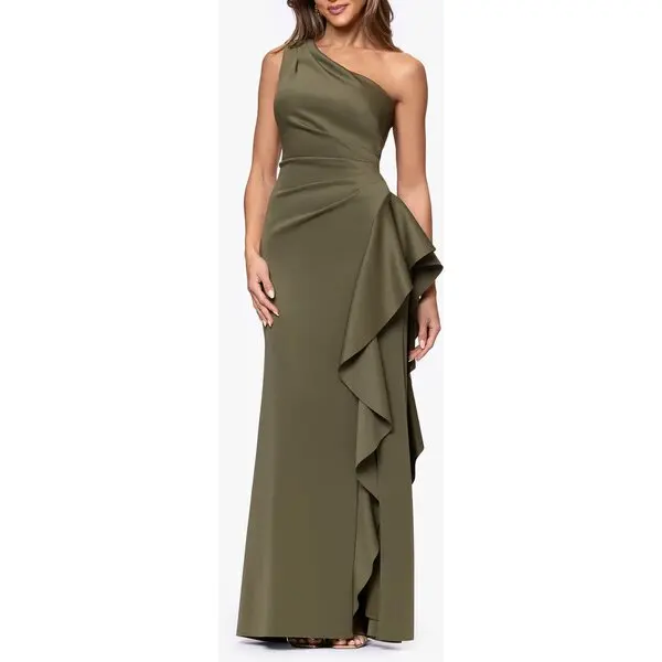 XSCAPE EVENINGS One-shoulder Ruffle Scuba Crepe Gown - Olive