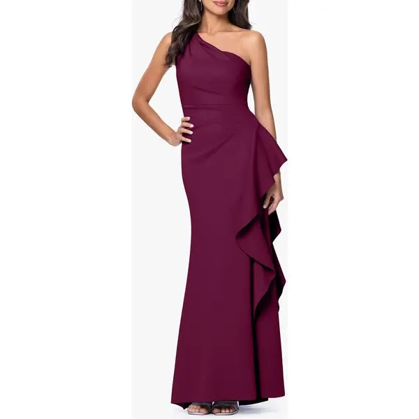 XSCAPE EVENINGS One-shoulder Ruffle Scuba Crepe Gown - Raisin