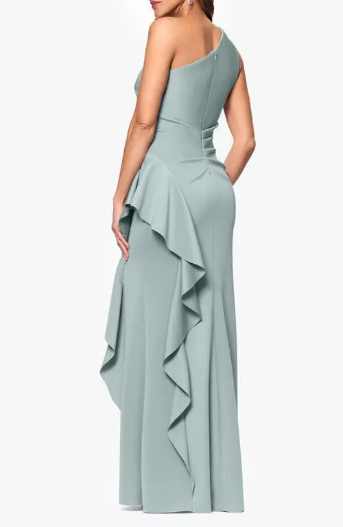 XSCAPE EVENINGS One-shoulder Ruffle Scuba Crepe Gown - Sage