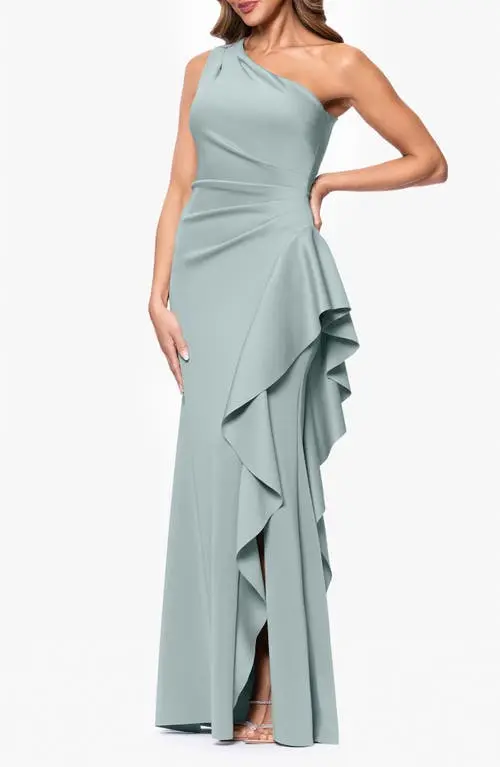 XSCAPE EVENINGS One-shoulder Ruffle Scuba Crepe Gown - Sage
