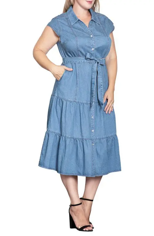 STANDARDS & PRACTICES Tiered Denim Midi Shirt Dress
