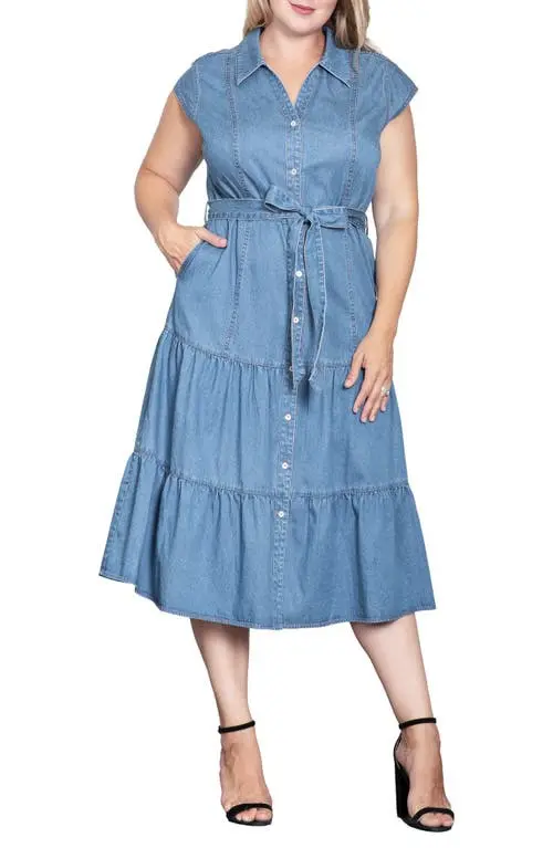 STANDARDS & PRACTICES Tiered Denim Midi Shirt Dress
