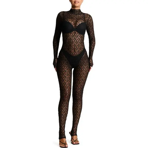 Naked Wardrobe Sheer Lace Stirrup Jumpsuit - Black