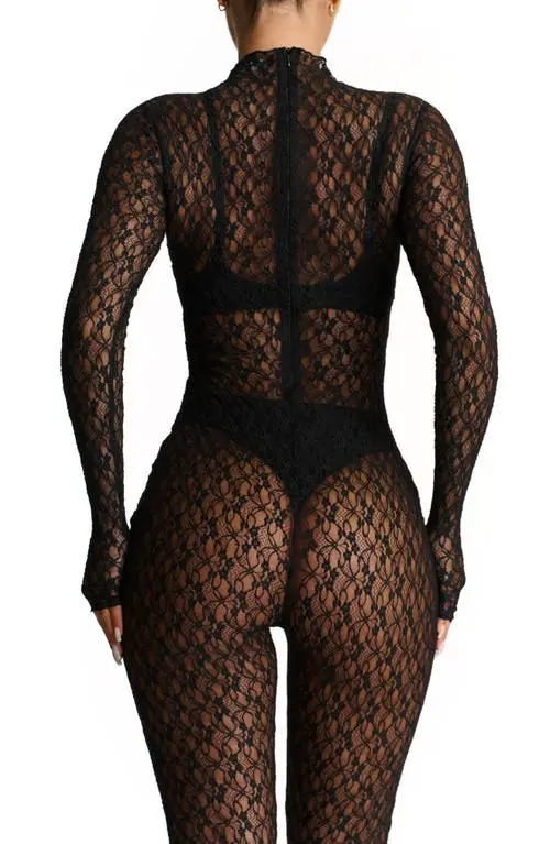 Naked Wardrobe Sheer Lace Stirrup Jumpsuit