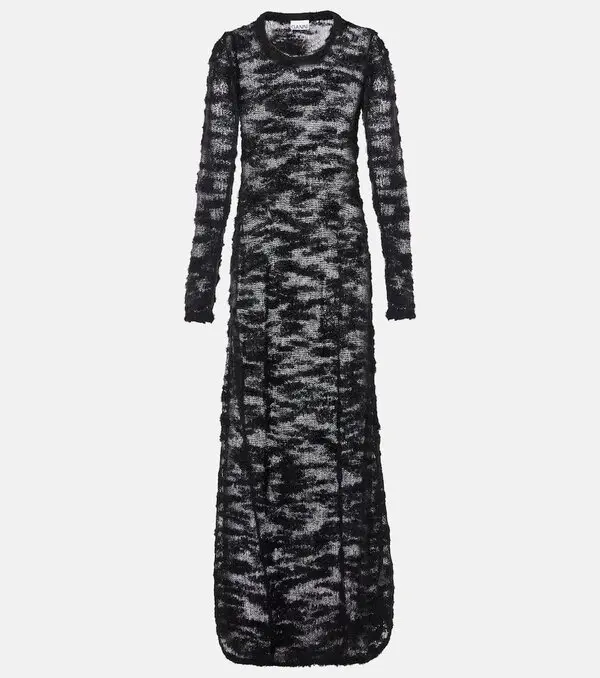 GANNI Sheer Boucle Maxi Dress - Black