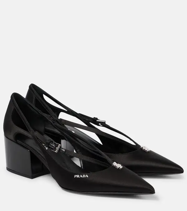 Prada Embellished Cutout Satin Pumps - Black