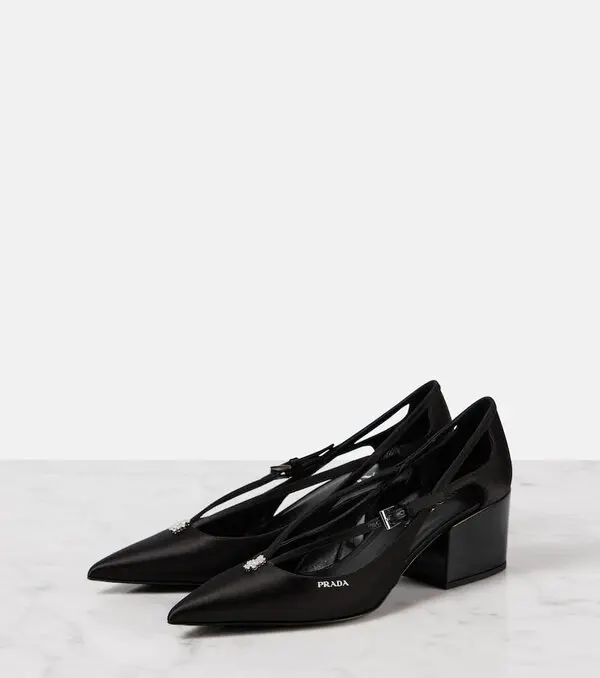 Prada Embellished Cutout Satin Pumps - Black