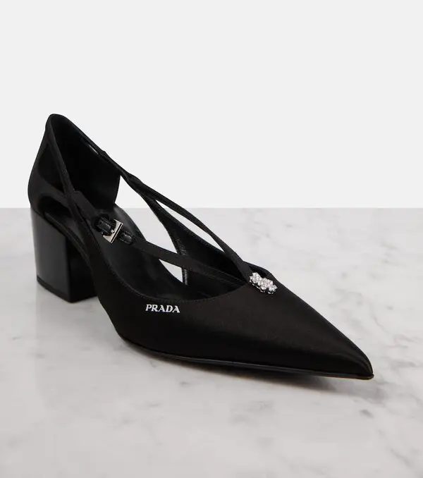 Prada Embellished Cutout Satin Pumps - Black