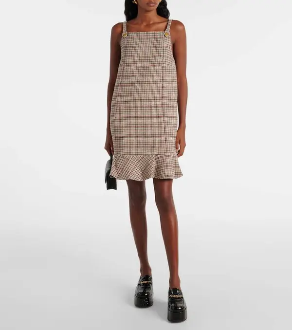 GANNI Checked Wool-blend Mini Dress