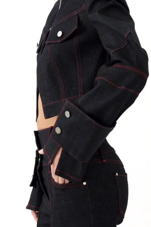 JENDUE Davidson Cropped Denim Jacket With Architectural Sleeves