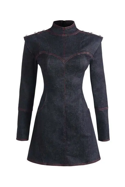 JENDUE Harvey Denim Mini Dress With Mock Neck And Corset Detail