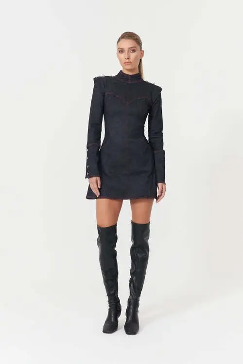 JENDUE Harvey Denim Mini Dress With Mock Neck And Corset Detail