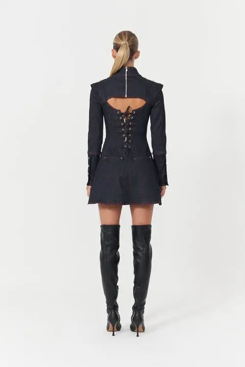 JENDUE Harvey Denim Mini Dress With Mock Neck And Corset Detail