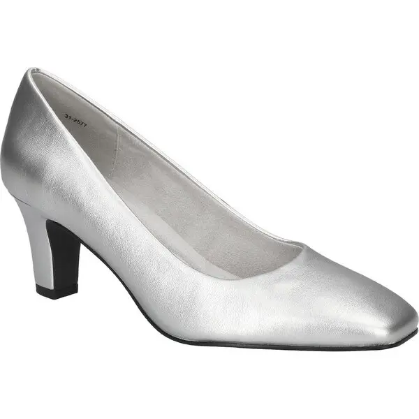 EASY WORKS BY EASY STREET Metallic Leather Pumps With Block Heel - Silver