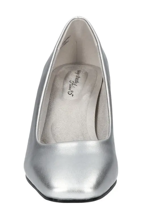 EASY WORKS BY EASY STREET Metallic Leather Pumps With Block Heel - Silver