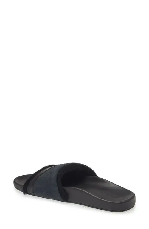 Olukai Hō‘ala Shearling Slide Sandal - Black/ Black