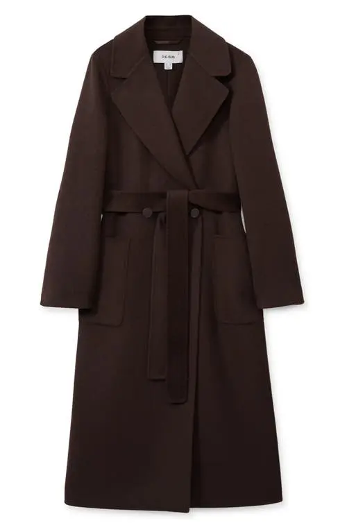 REISS Lucia Tie Waist Wool-blend Coat - Chocolate