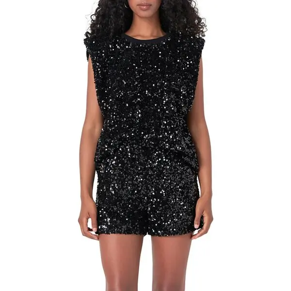 Endless Rose Sequin Padded Shoulder Velvet Top - Black