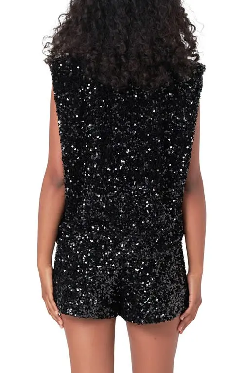 Endless Rose Sequin Padded Shoulder Velvet Top - Black