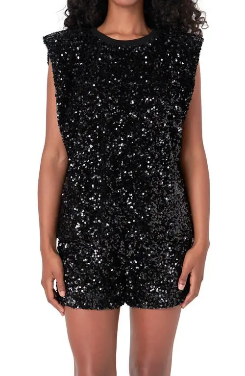 Endless Rose Sequin Padded Shoulder Velvet Top - Black