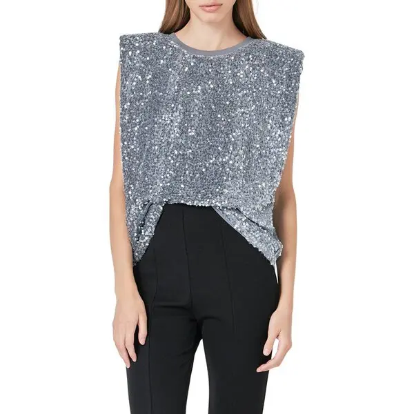 Endless Rose Sequin Padded Shoulder Velvet Top - Grey