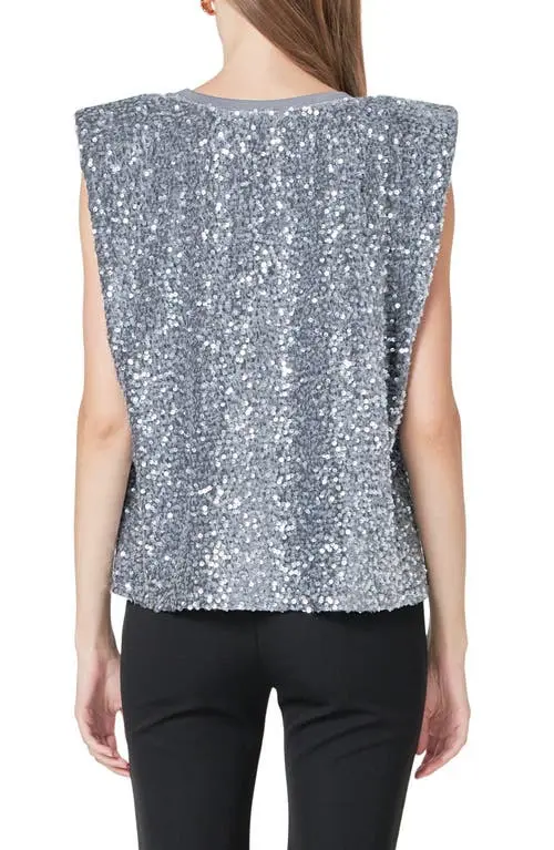 Endless Rose Sequin Padded Shoulder Velvet Top - Grey