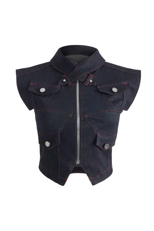 JENDUE Davidson Cross Neck Denim Vest