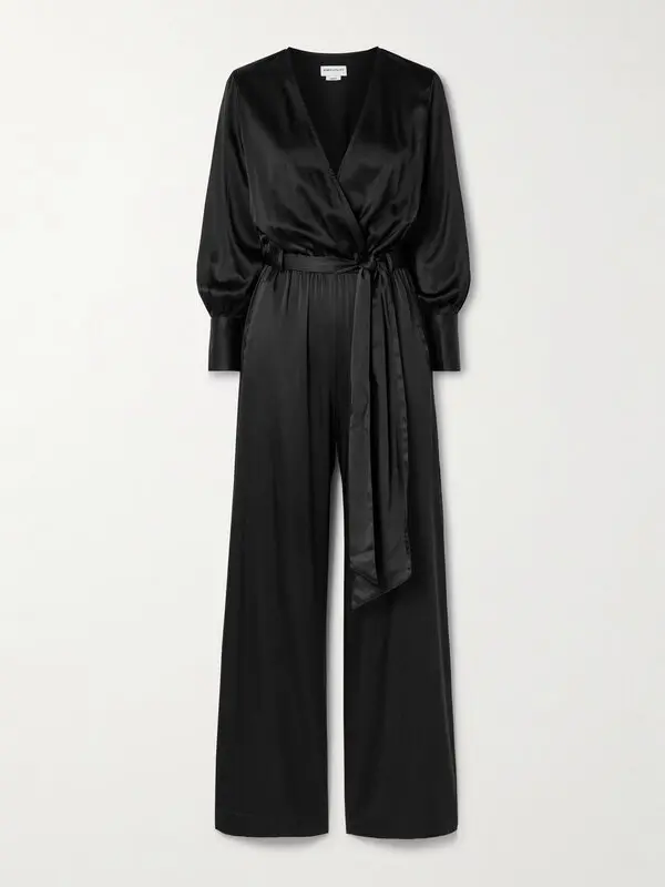 RIVET UTILITY The Partier Belted Silk-blend Satin Jumpsuit - Black