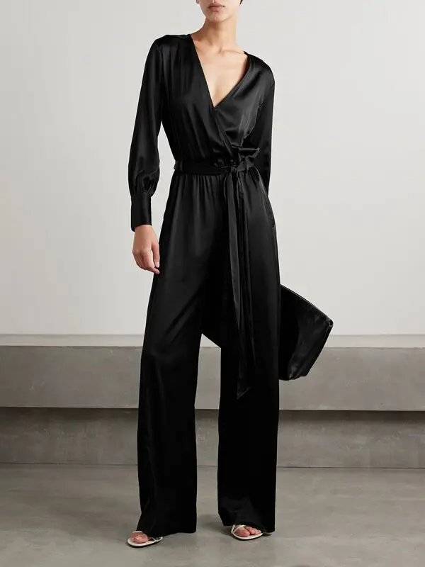 RIVET UTILITY The Partier Belted Silk-blend Satin Jumpsuit