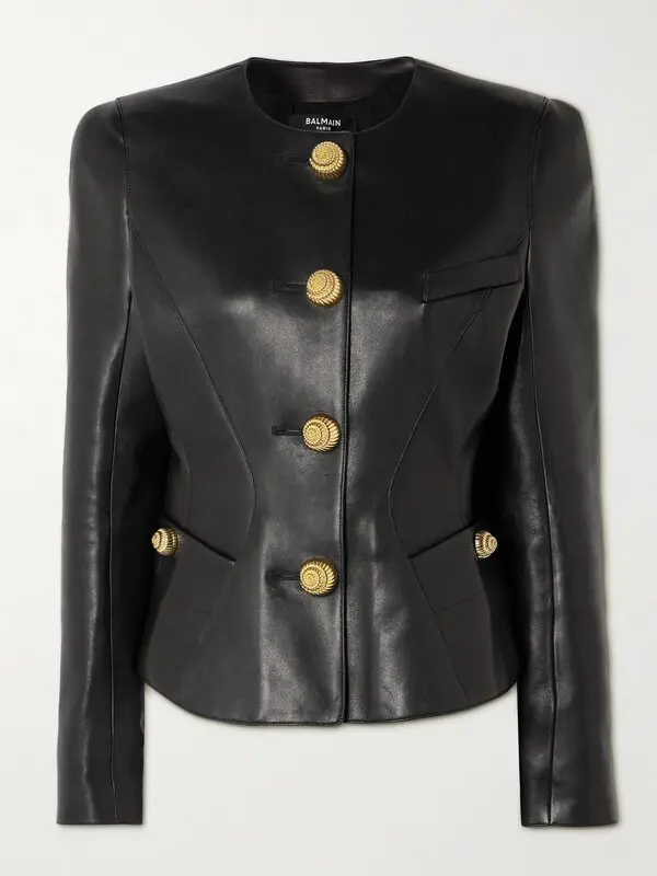 Balmain Paneled Embellished Leather Peplum Jacket - Black