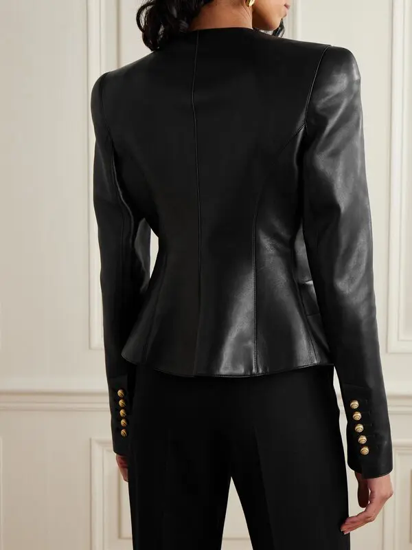 Balmain Paneled Embellished Leather Peplum Jacket