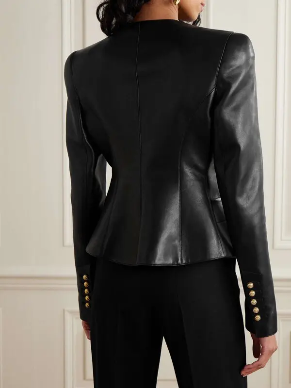 Balmain Paneled Embellished Leather Peplum Jacket