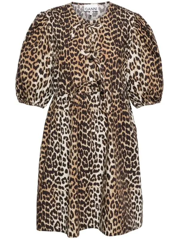 GANNI Leopard Printed Mini Dress - Brown